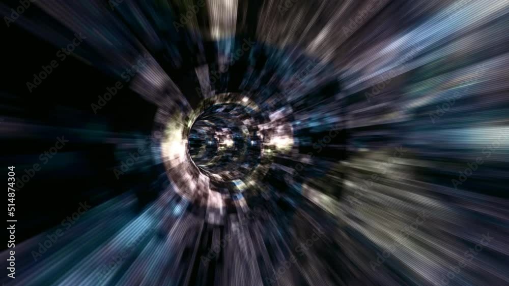 Loop of Abstract hypnotic flash glow light blue hyperspace vortex warp ...