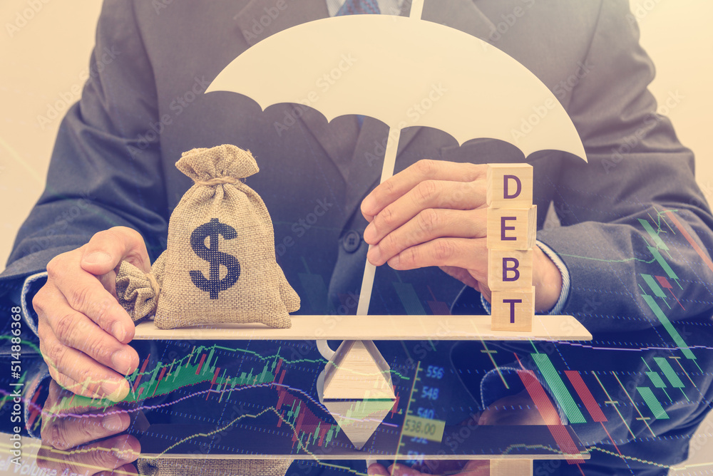 Credit default insurance / debt security concept : Businessman protects ...