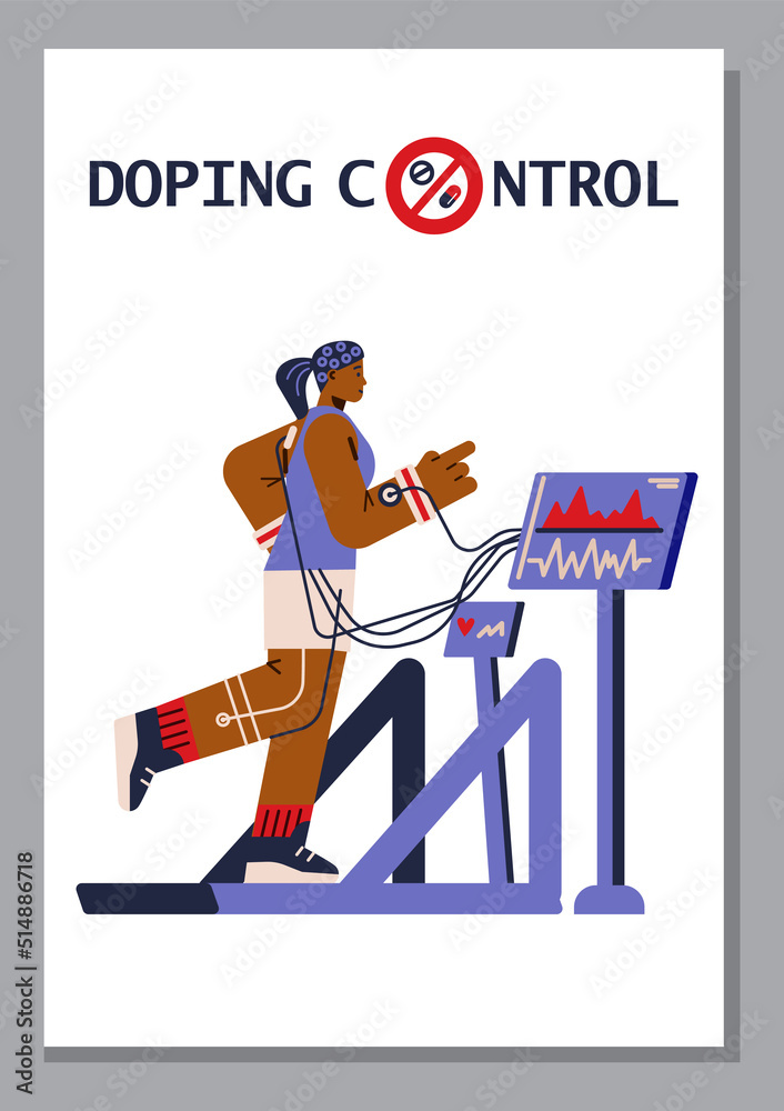 Doping control poster, woman running on treadmill with ECG sensors ...