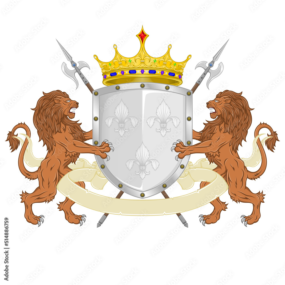 Crowned heraldic shield with three silver fleur-de-lys, flanked by two ...