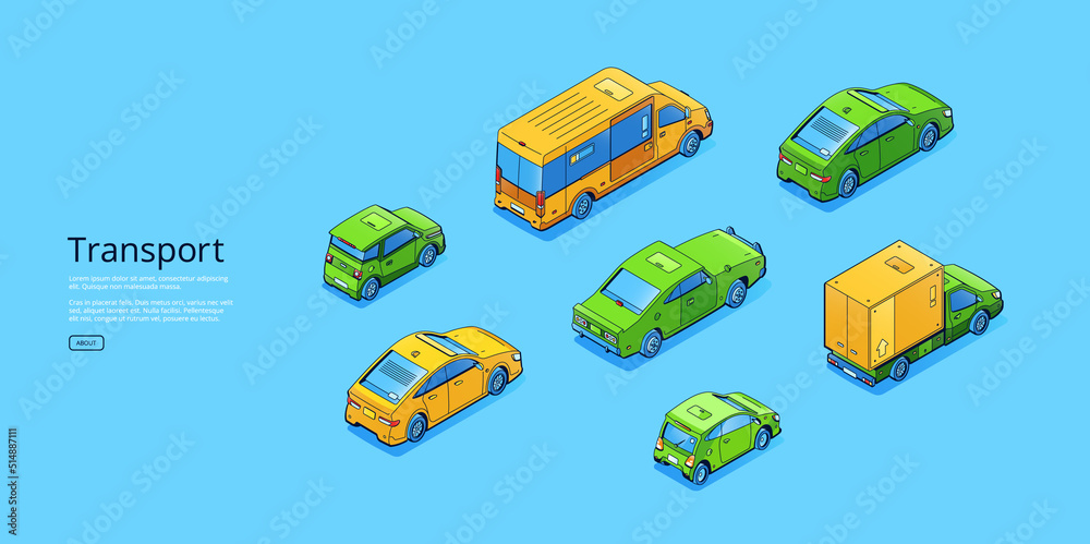 Transport banner with isometric cars, truck and bus. Vector horizontal ...
