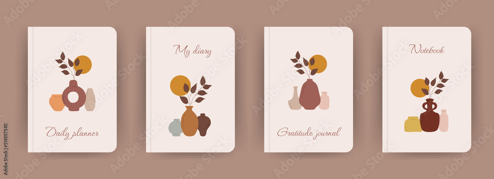 Cover page notebook collection. Templates with abstract vases in boho ...