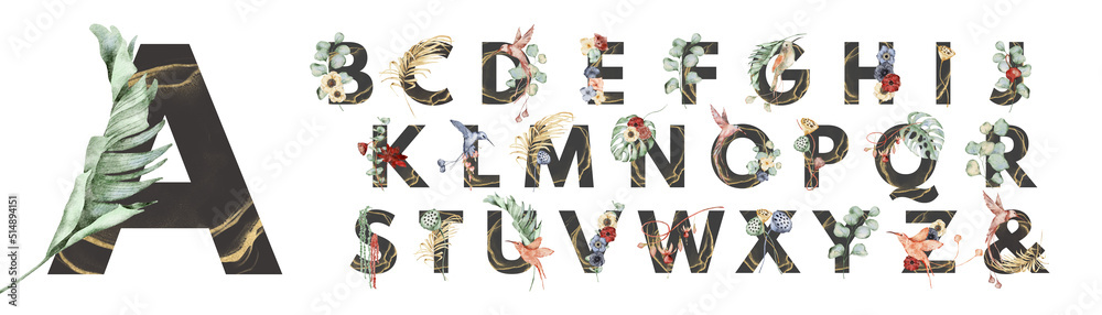 Watercolor floral english alphabet set with wild flowers from A to Z ...