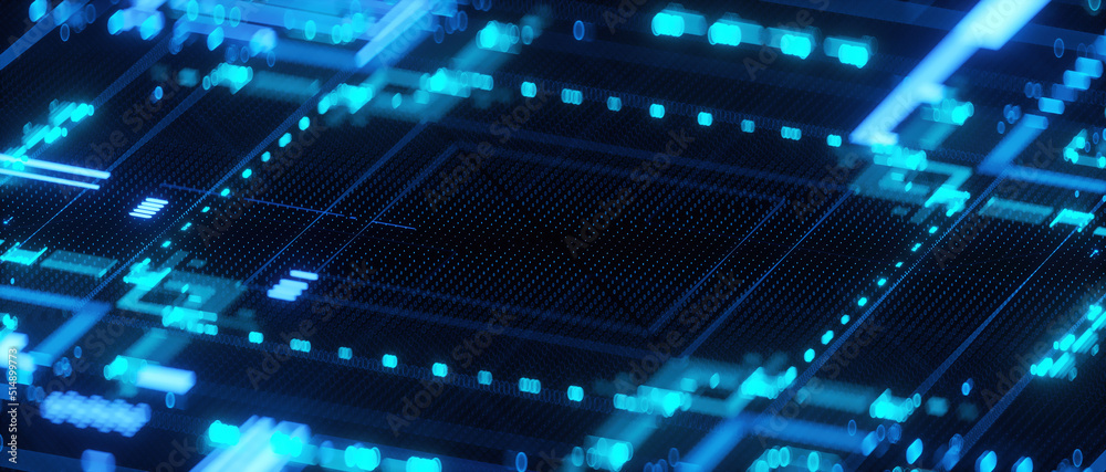 3D rendering of cyberpunk AI. Circuit board. Technology background ...