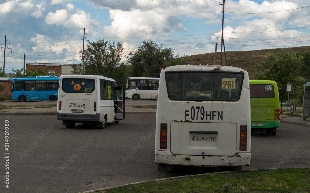 kazakhstan, Ust-Kamenogorsk, july 28, 2020: Buses on the bus terminal ...