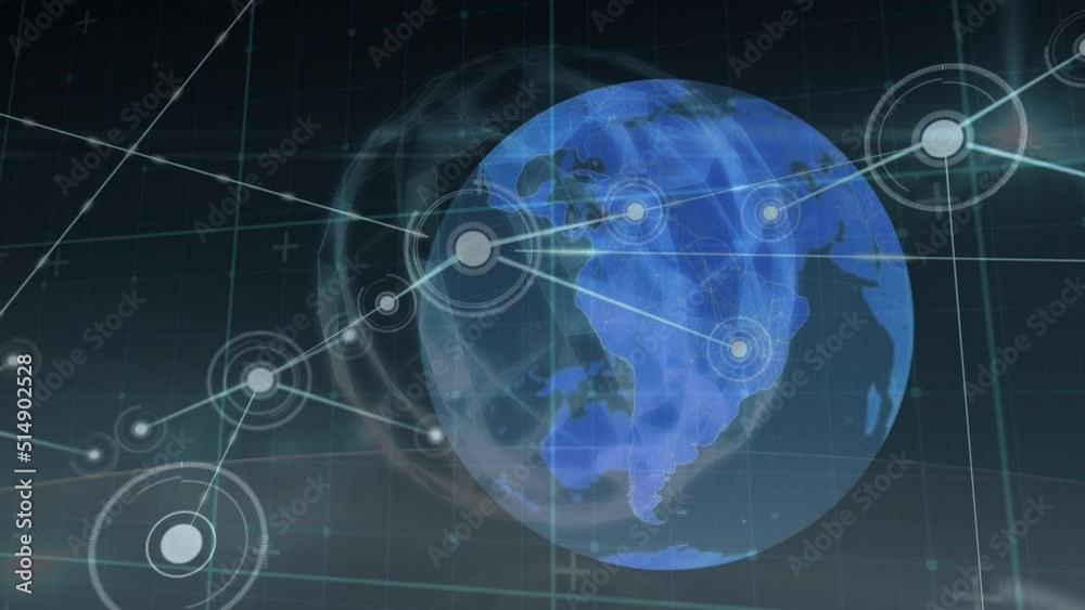Animation of network of connections over black background with globe ...