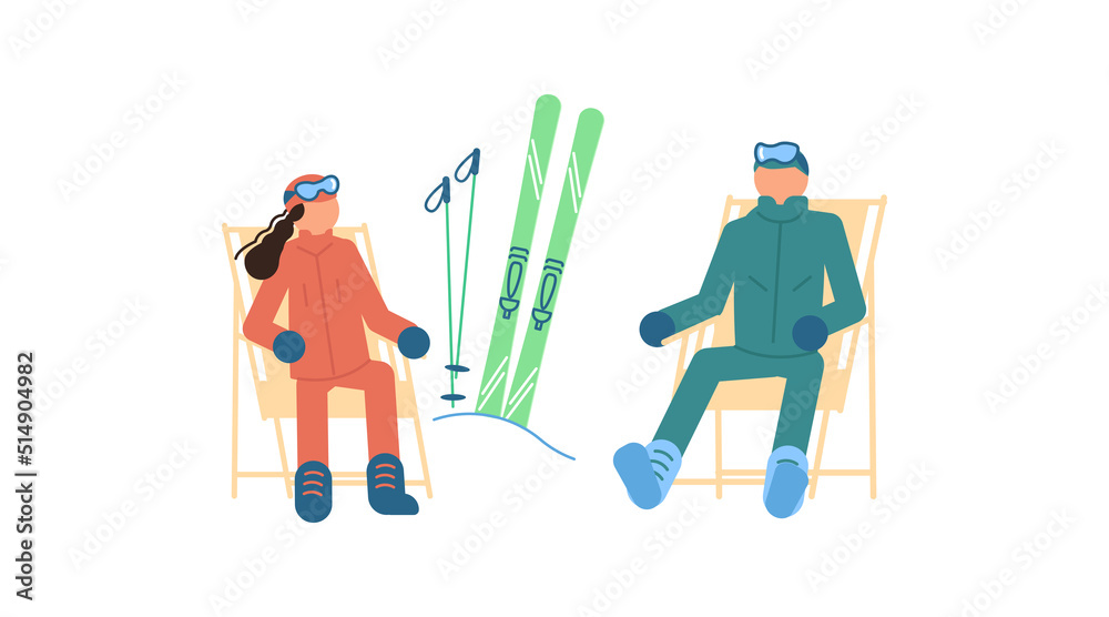 Cartoon skiers sit on a loungers and relax on a ski resort Stock ...