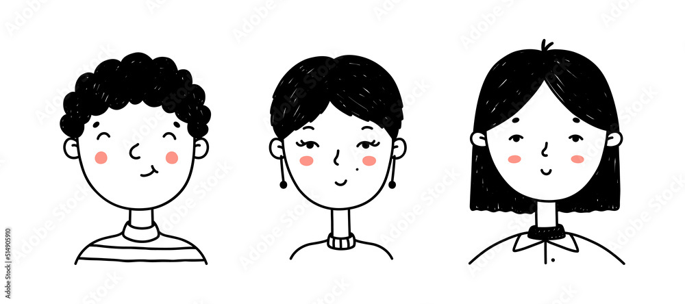 Set of cute people faces in doodle style. Portraits of happy young ...