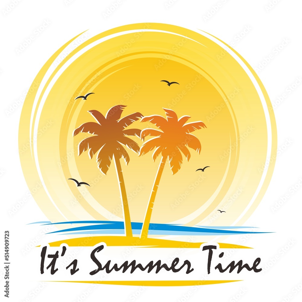 Summer theme design with sunset orange background. With coconut tree as ...