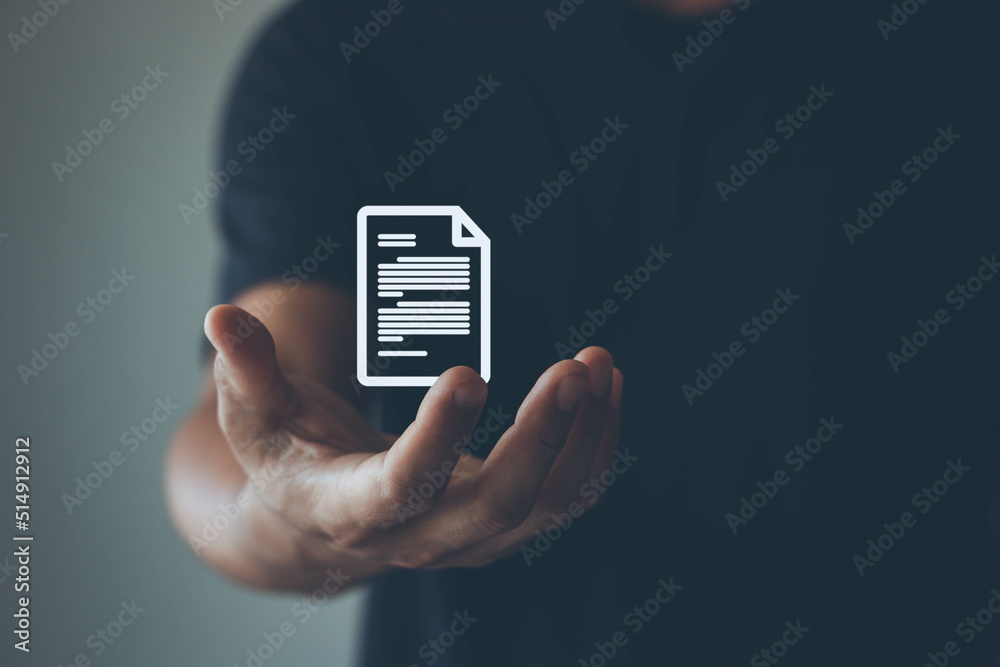 Document management system concept, businessman holding a document icon ...