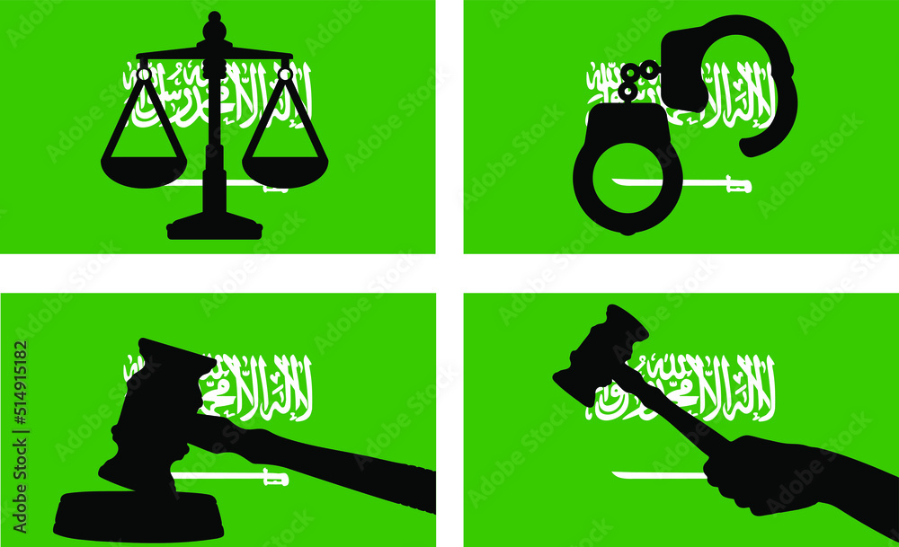 Saudi Arabia flag with justice vector silhouette, judge gavel, scales ...