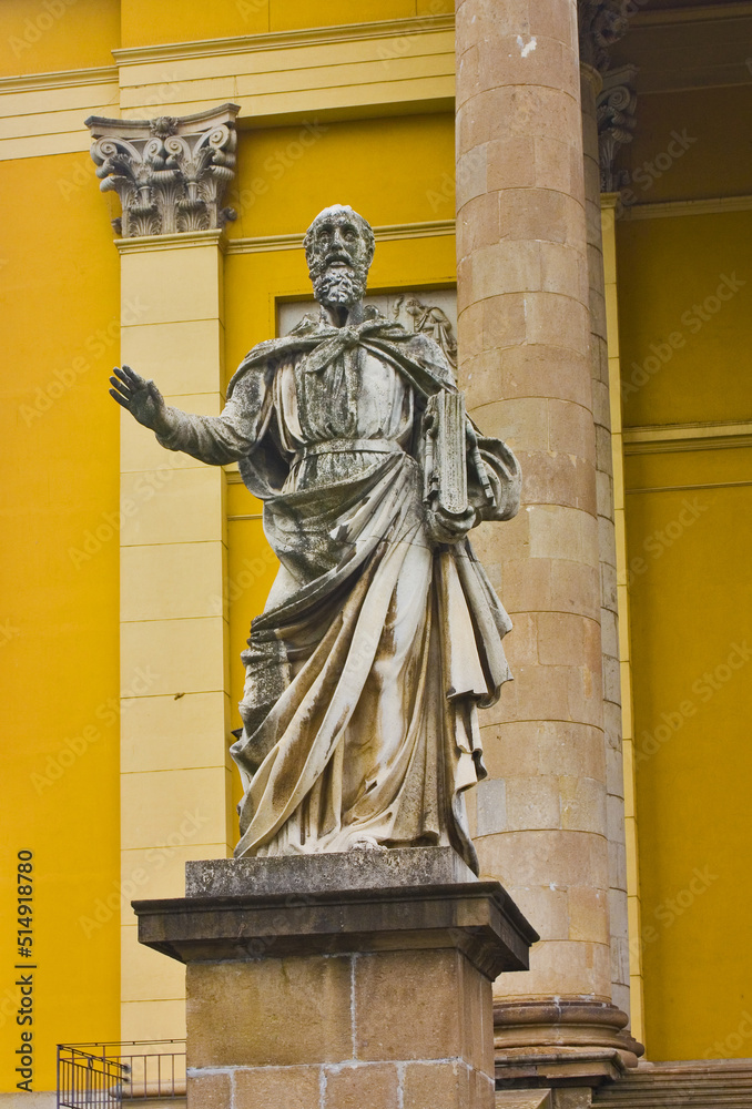 Stone statue of St. Peter in front of the St. John's Basilica in Eger ...