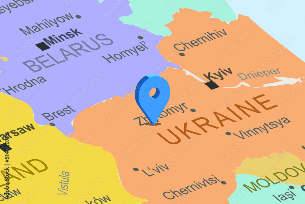 Ukraine with orange placeholder pin on europe map, close up Ukraine ...