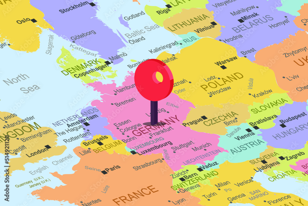 Germany with red location placeholder on europe map, close up Germany ...