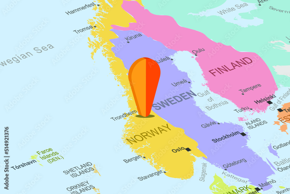 Norway with orange placeholder pin on europe map, close up Norway ...