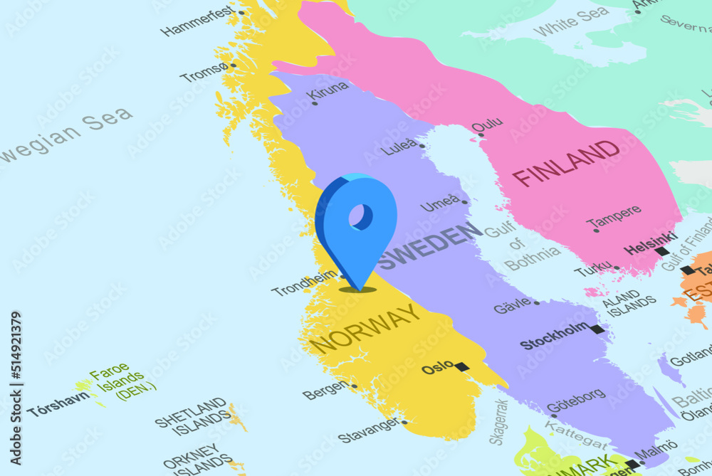 Norway with blue placeholder pin on europe map, close up Norway ...