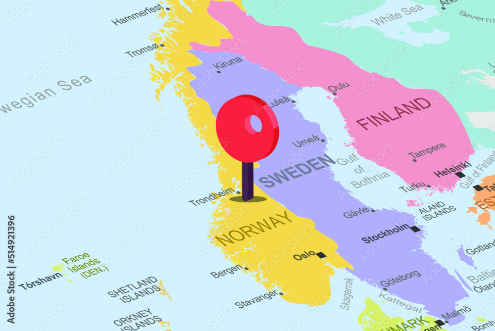 Norway with red location placeholder on europe map, close up Norway ...