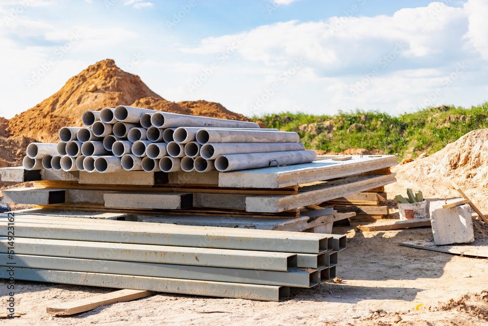 Building materials at a construction site. Prepared materials and ...