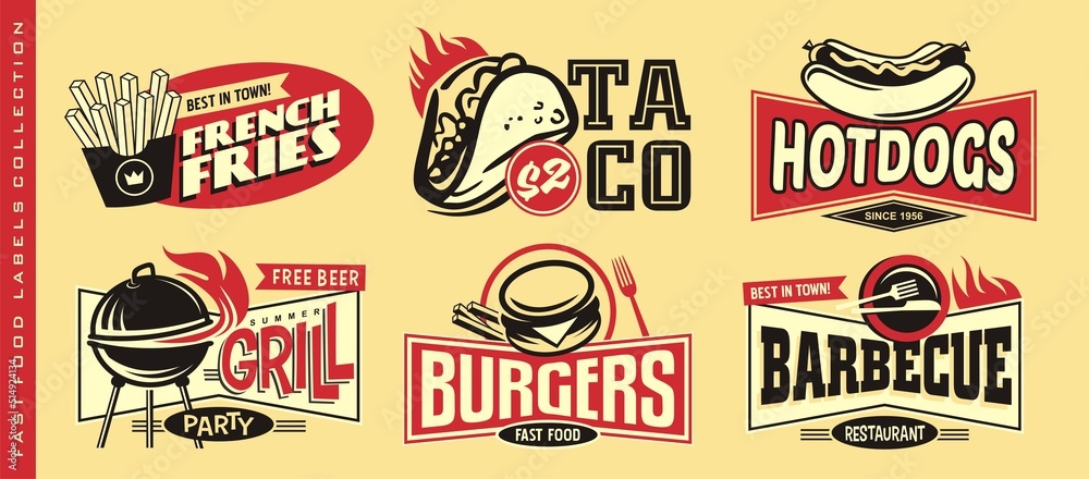 Set of fast food restaurant labels and logos. Vector burgers and hot ...
