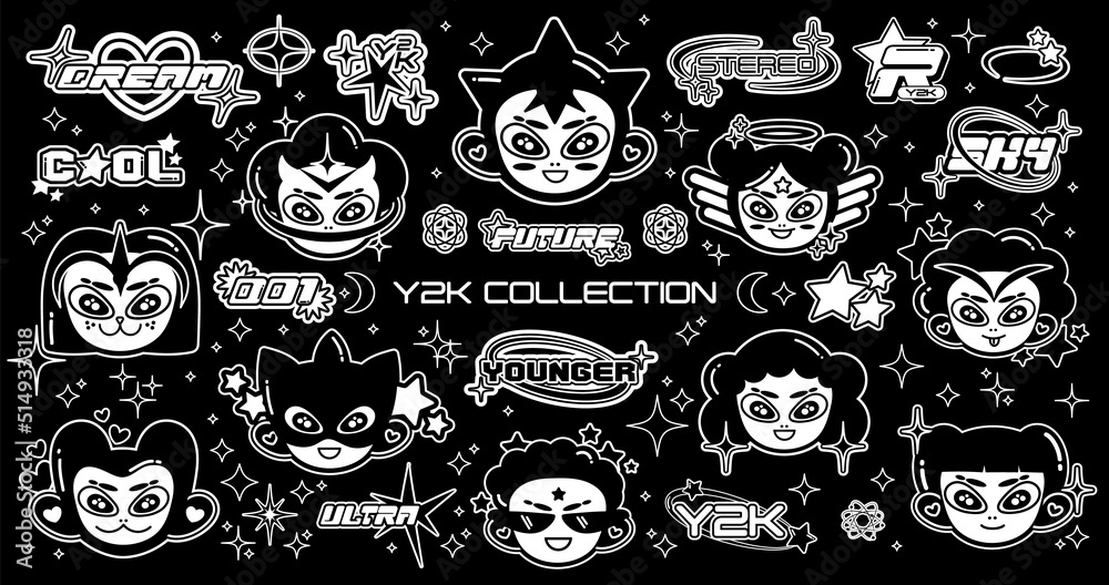 Retro cartoon girl character in Y2K style. Elements with stars for 90s ...