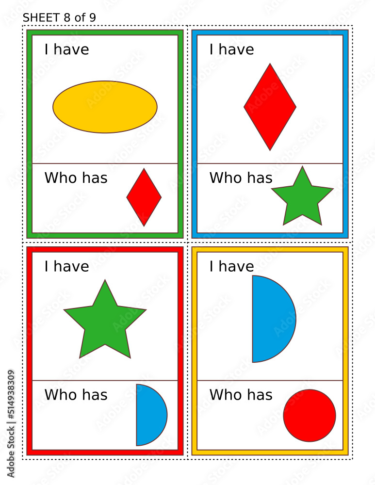 Educational math game for kids - I Have Who Has. One sheet of nine ...