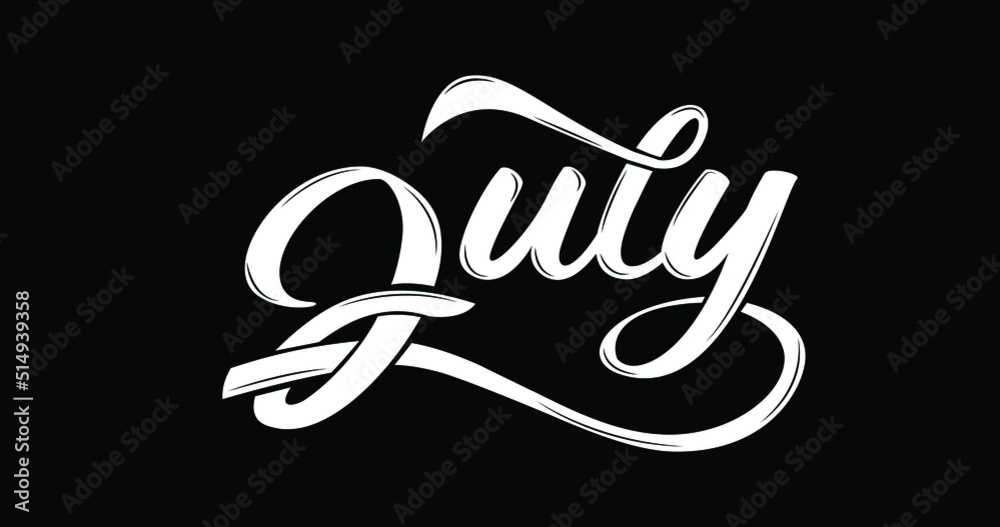 Vector illustration with July text in white color on the black ...