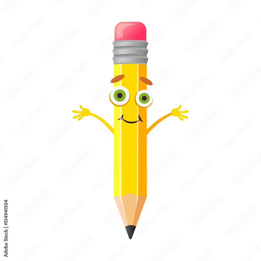 Cute pencil character vector illustration. Funny and happy comic ...