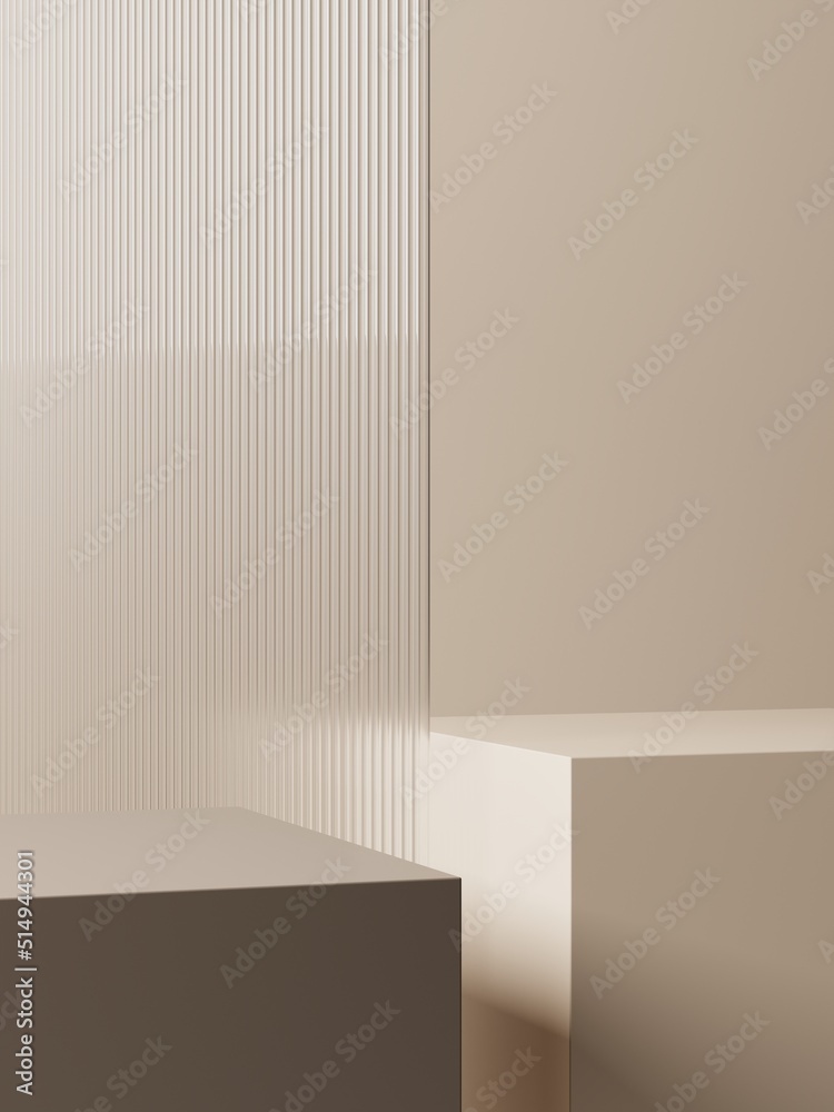 3d beige cube marble display podiums with glass against beige ...