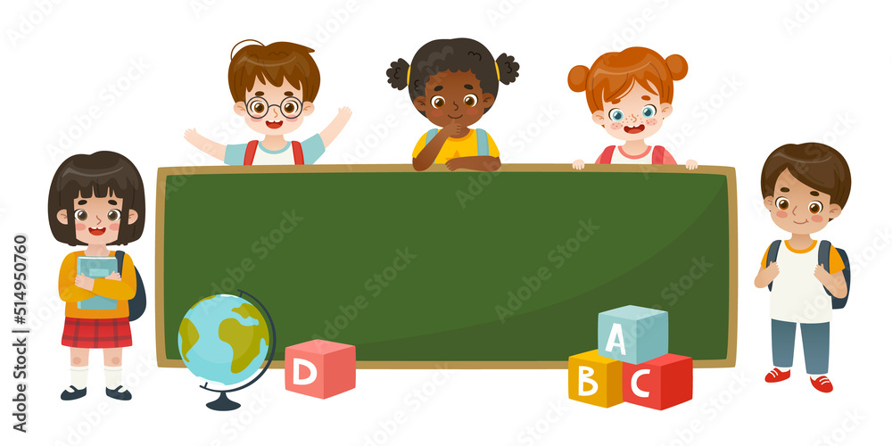 Cute school kids around chalkboard. Happy children with empty ...