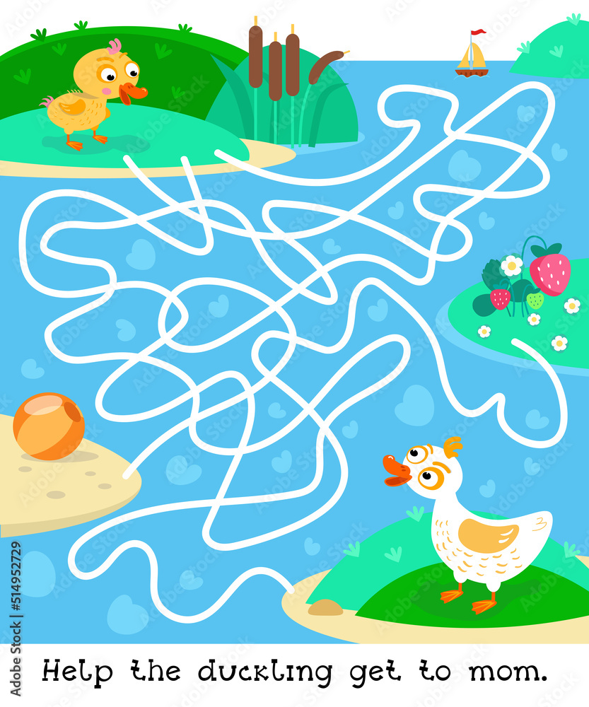 Maze game, activity for children. Help the duckling get to mom. Trace ...