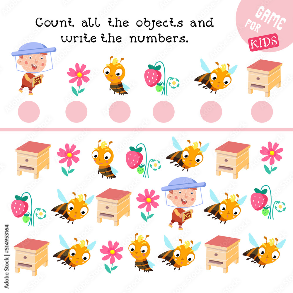 Game for children. How many objects do you see here. Count and write ...