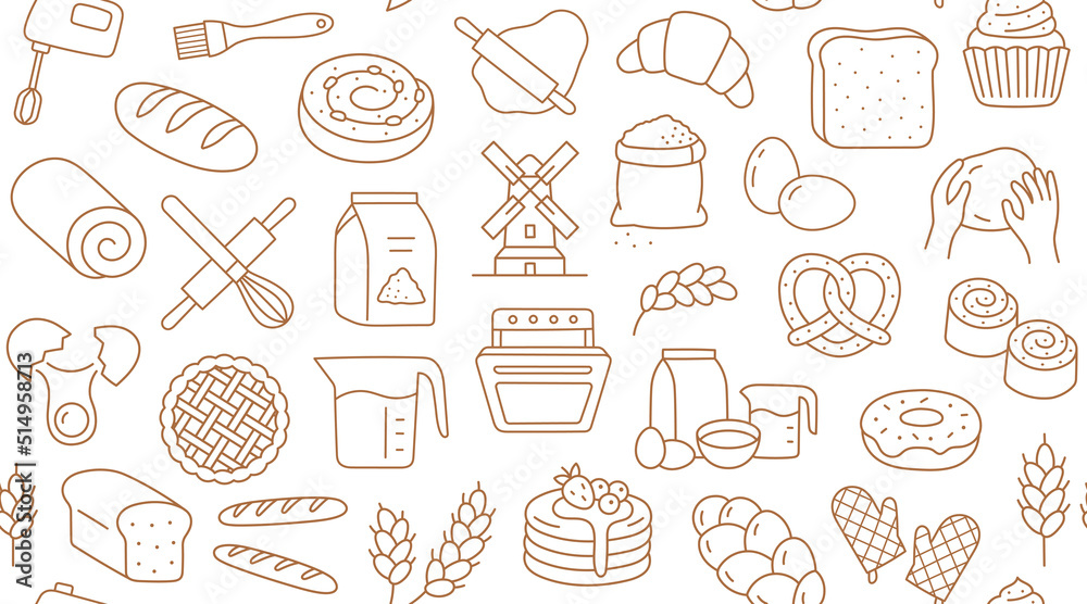 Bakery products doodle beige seamless pattern. Vector background ...