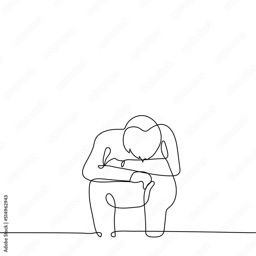 man sits downcast sits with his head down on his hands - one line ...