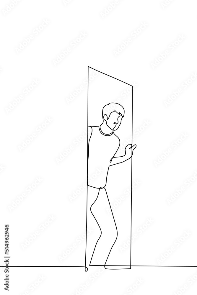man coming out of the door - one line drawing vector. concept guest ...