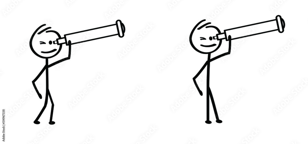 Cartoon stickman, stick figure man looking through telescope to the ...
