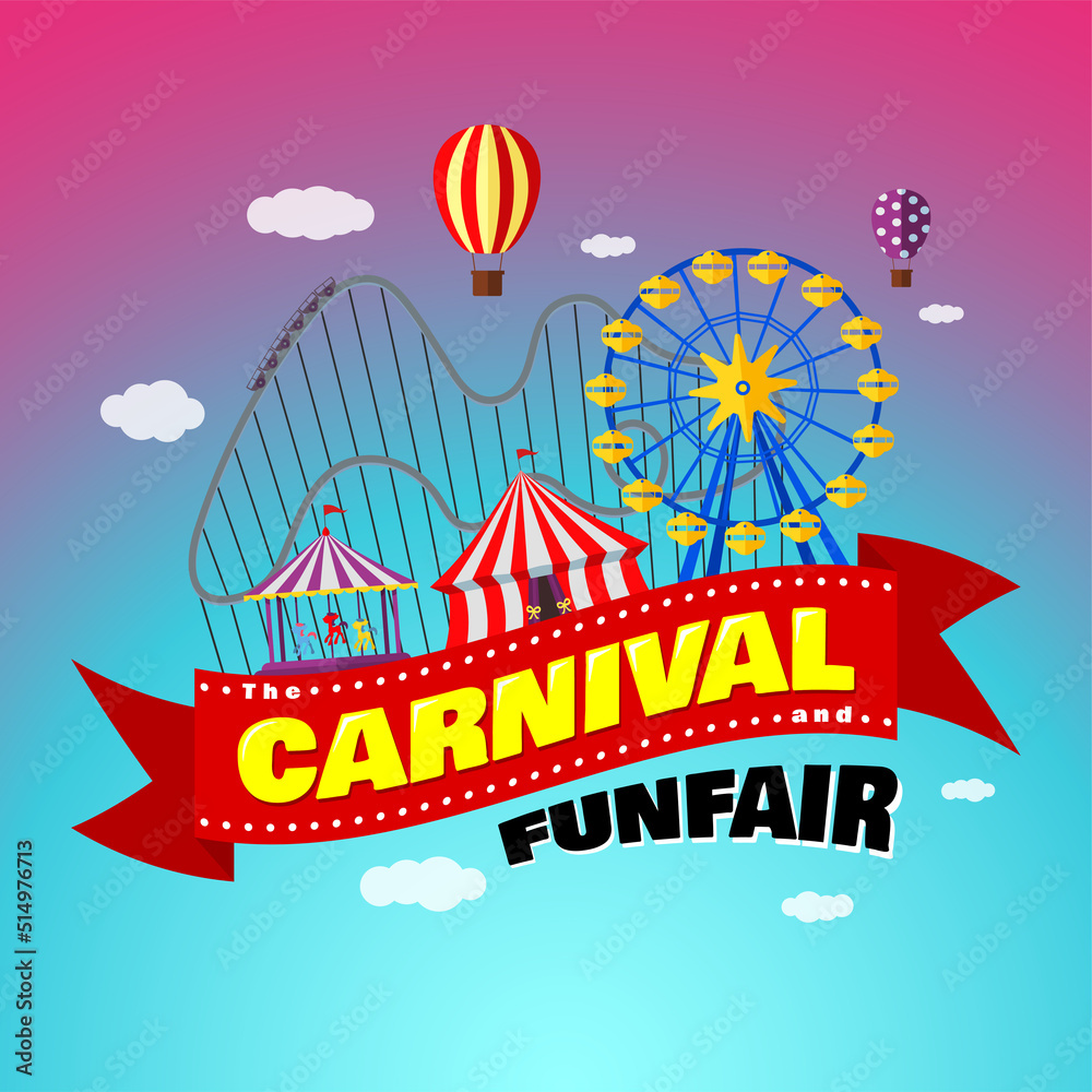 Carnival funfair banner design template. Amusement park with circus ...