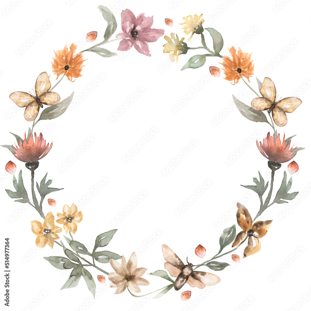 Watercolor rustic wildflowers wreath Illustration, Hand drawn meadow ...