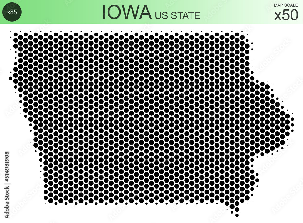 Dotted map of the state of Iowa in the USA, from circles, on a scale of ...