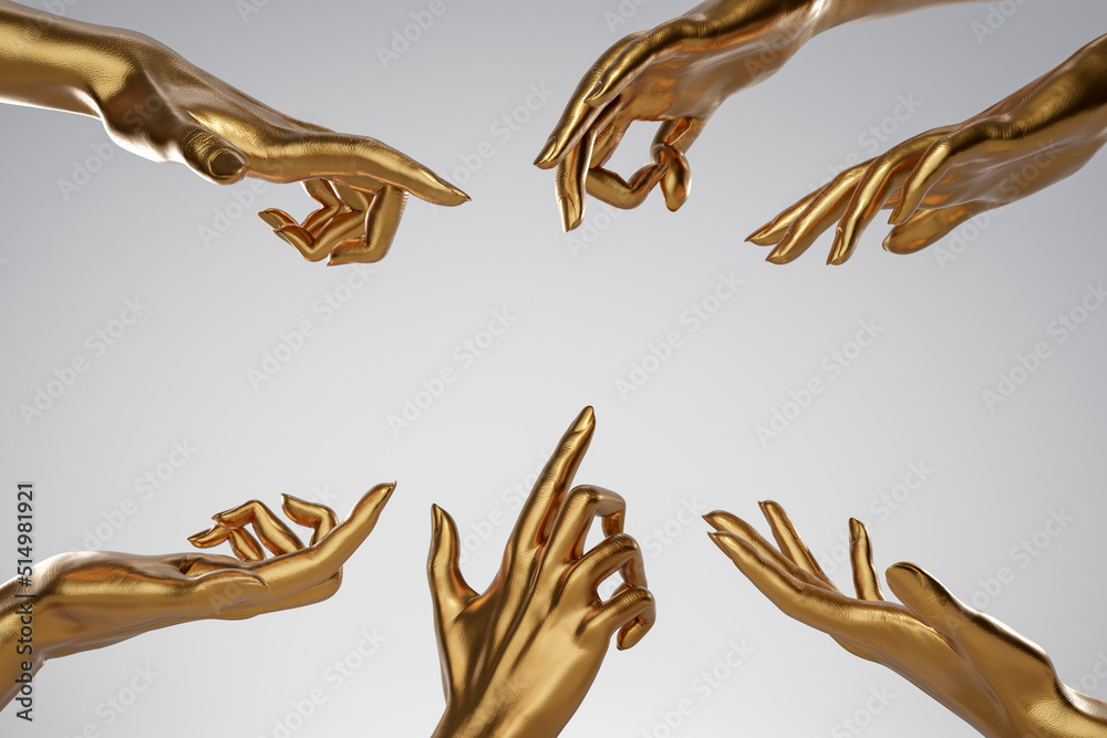 Lots of golden human hands with different gestures pointing over white ...