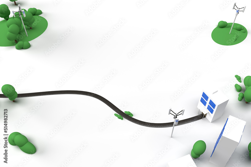 Background with cartoon landscape with cell towers 5g. Illustration on ...