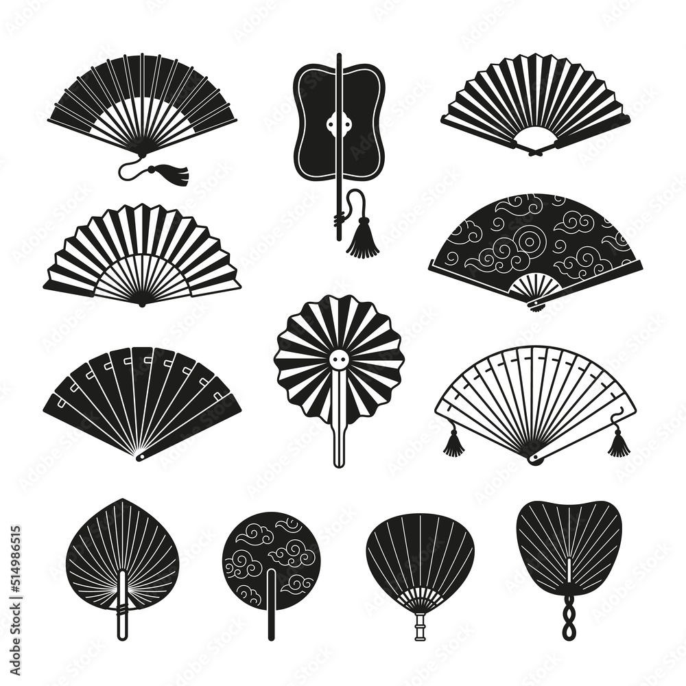Black japanese fan icons. Dance elegant asian fans design isolated on ...