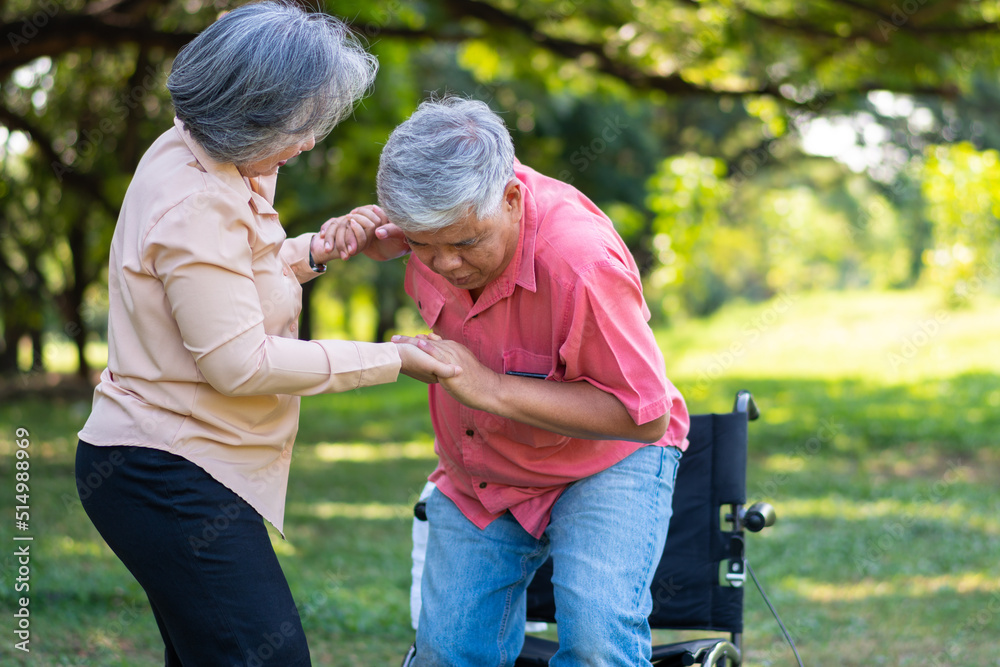 Asian senior man falling down on lying floor at park after Stumbled and ...