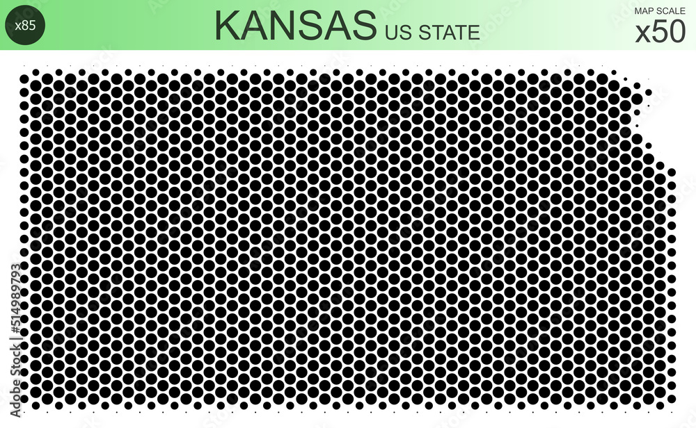 Dotted map of the state of Kansas in the USA, from circles, on a scale ...