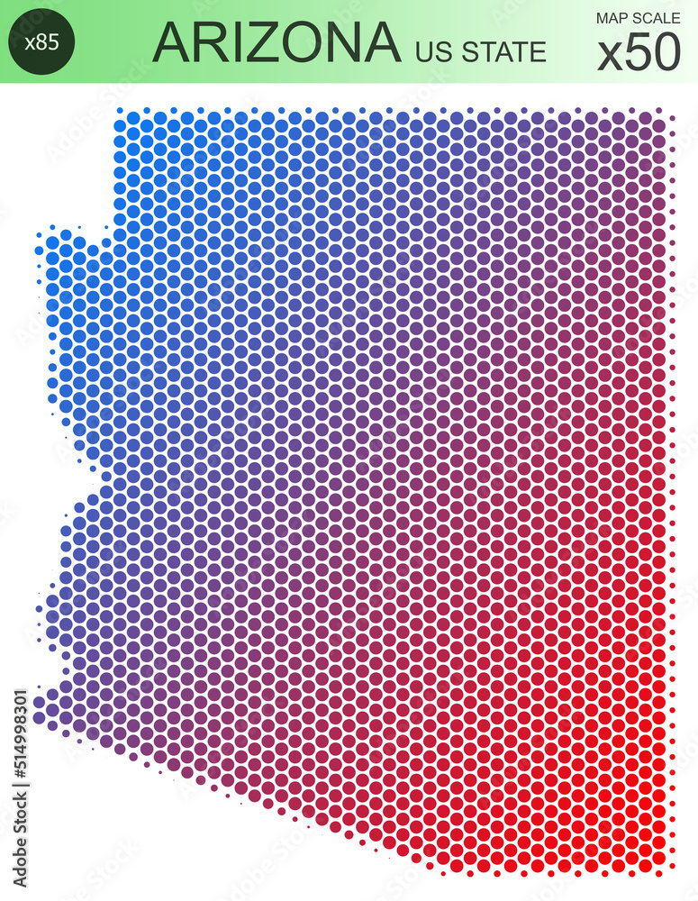Dotted map of the state of Arizona in the USA, from circles, on a scale ...