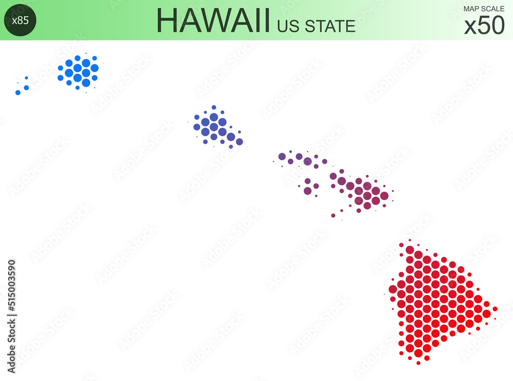 Dotted map of the state of Hawaii in the USA, from circles, on a scale ...