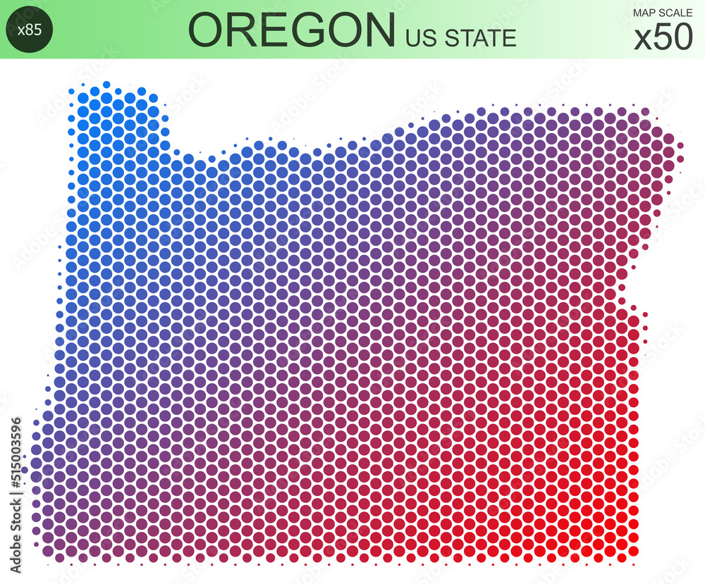 Dotted map of the state of Oregon in the USA, from circles, on a scale ...