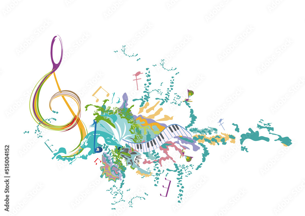 Abstract musical design with a treble clef and colorful splashes, notes ...