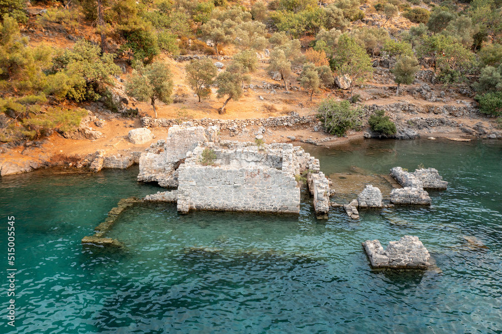 Aerial view of Cleopatra's hammam bay in Gocek, Fethiye Turkey. This ...