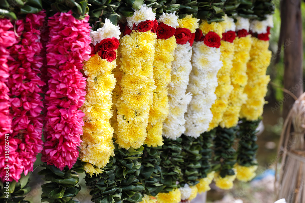 Indian traditional wedding garlands in shop for sale Stock Photo ...