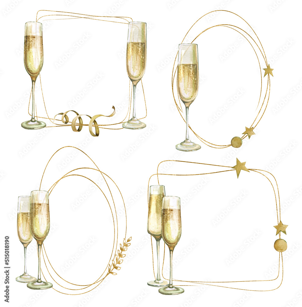 Watercolor clipart of champagne glasses and golden frames. Champagne ...